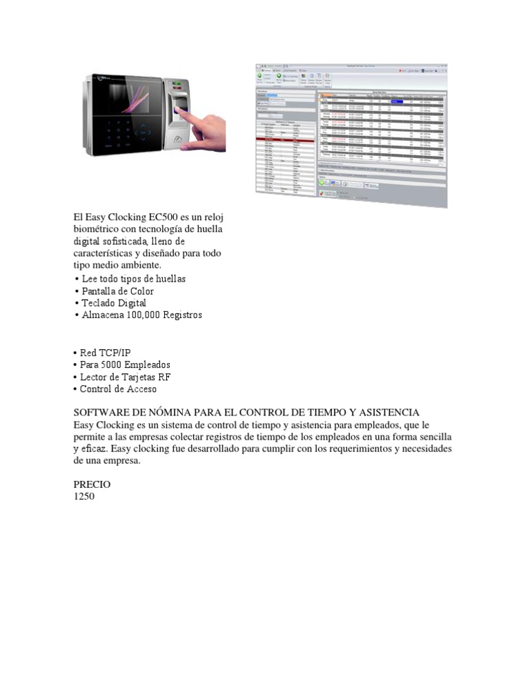 El Easy Clocking EC500 Es Un Reloj Biometrico Con Tecnología de Huella ...
