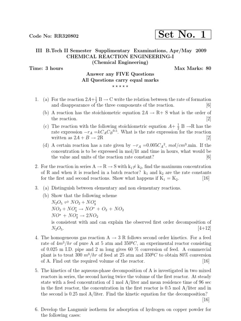 Cre Jntu Question Paper | PDF | Reaction Rate | Chemical Reactor