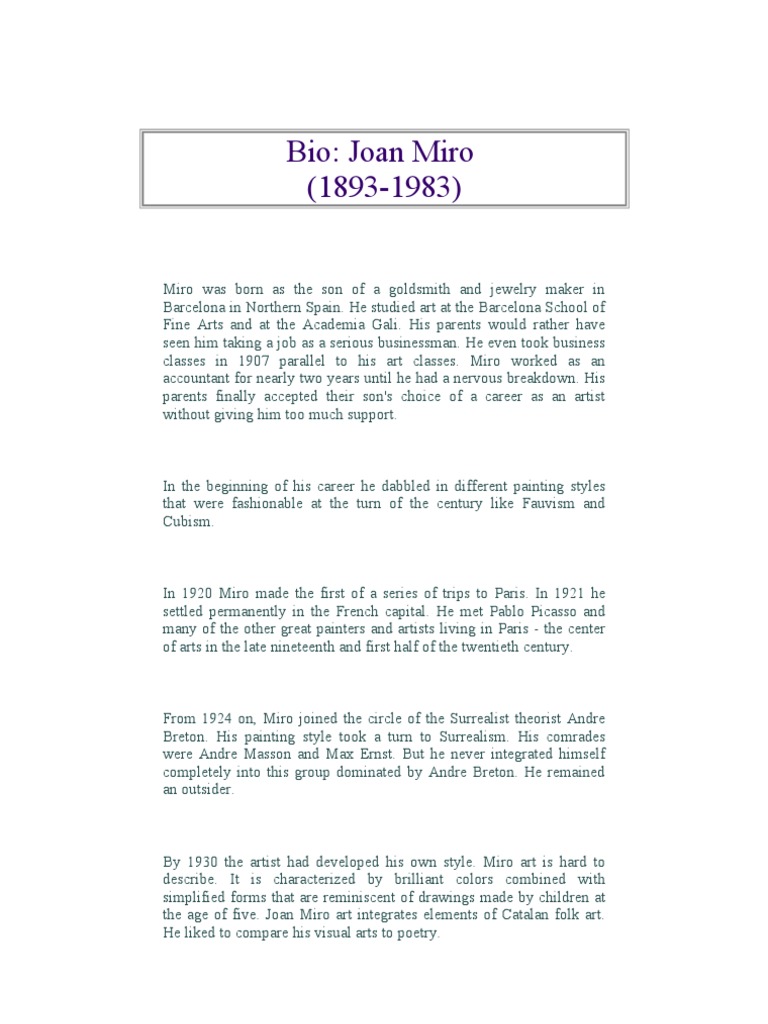Joan Miro Biography | PDF | Surrealism | Museology