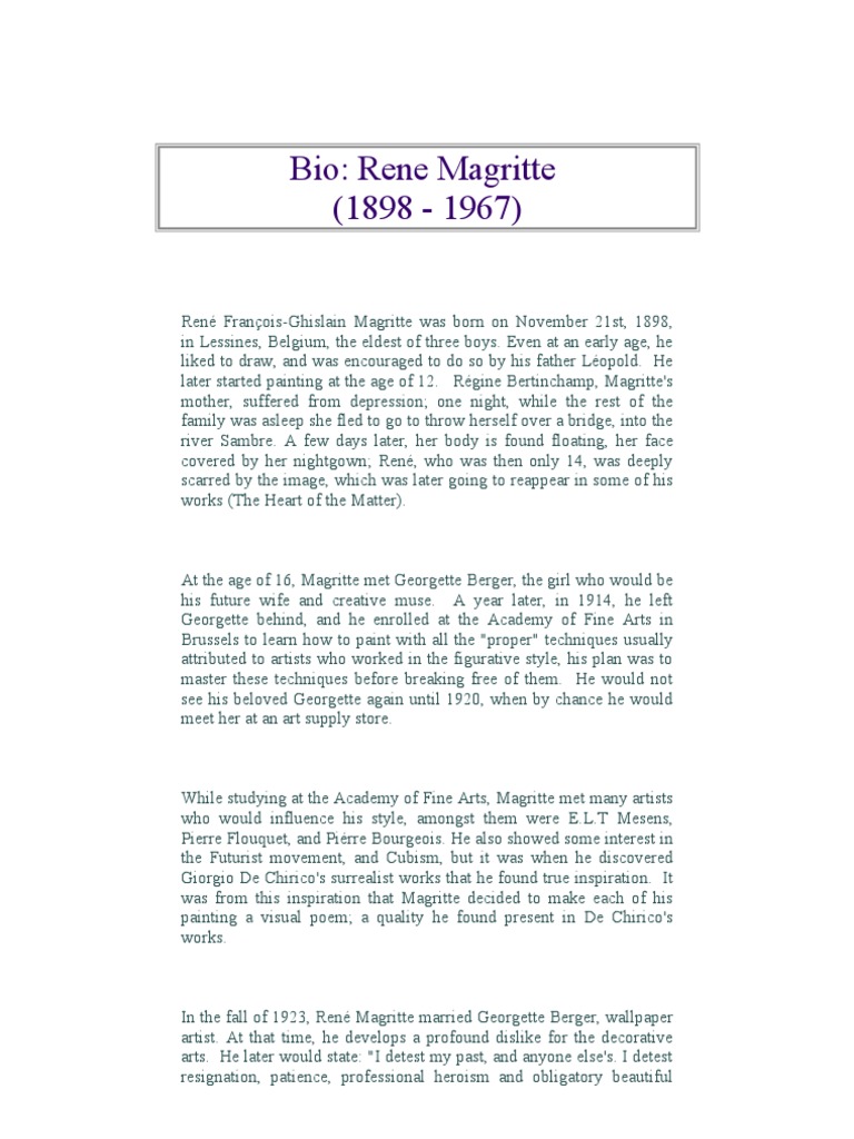 Rene Magritte Biography | PDF | Surrealism | Modernism