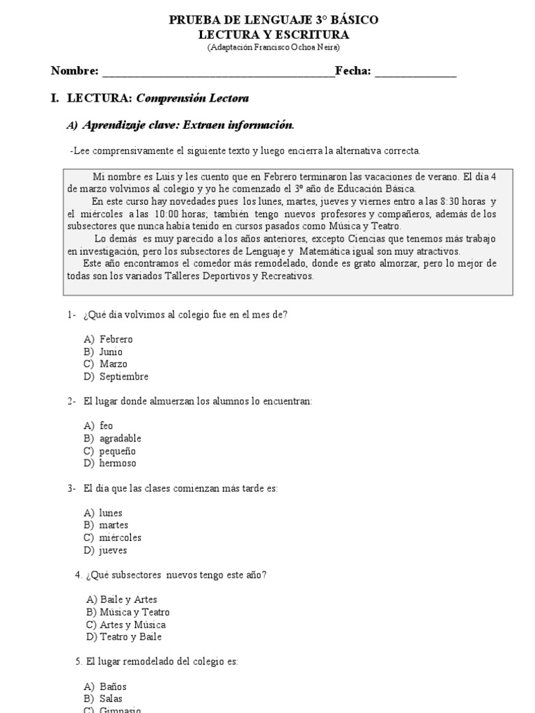 Prueba de Lenguaje 3° Básico: Lectura y Escritura | PDF | Comprensión ...