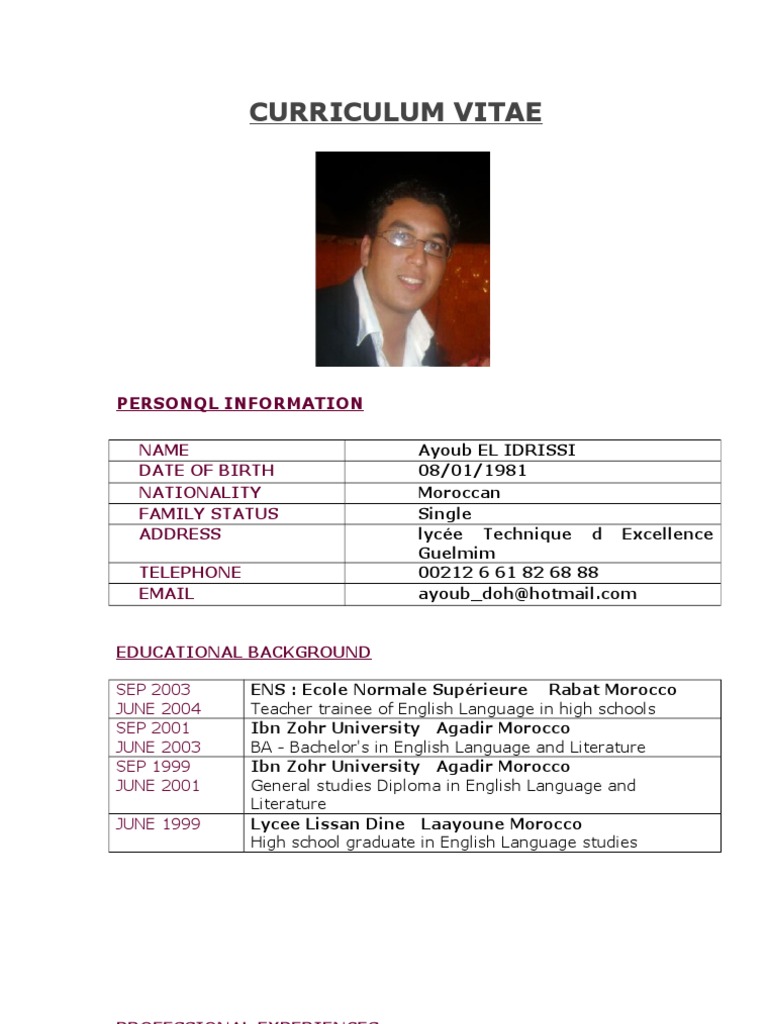 My English CV 2012 | PDF | Morocco | Teachers