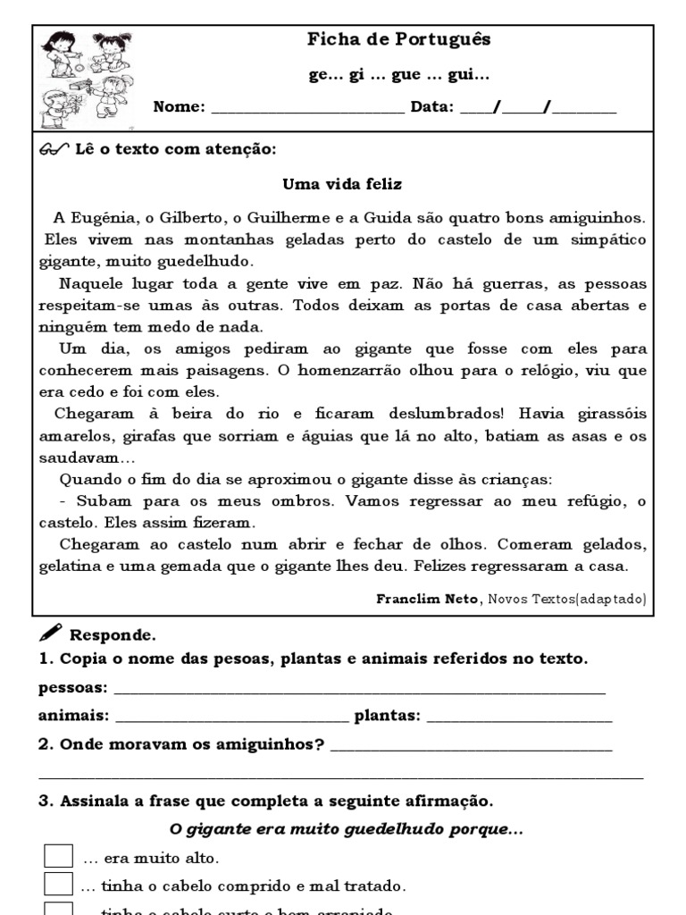 Ficha de Português sobre Ortografia de Palavras com Ge, Gi, Gue e Gui ...