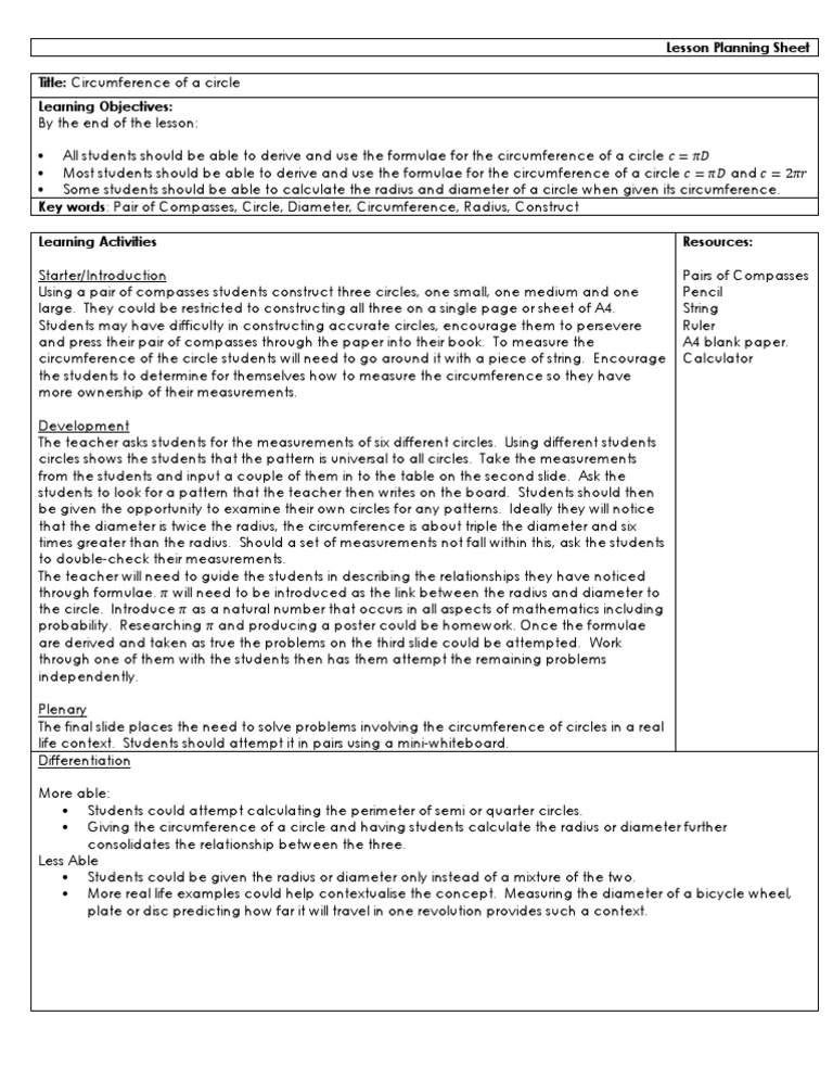 Circumference of a Circle Lesson Plan | PDF | Circle | Lesson Plan