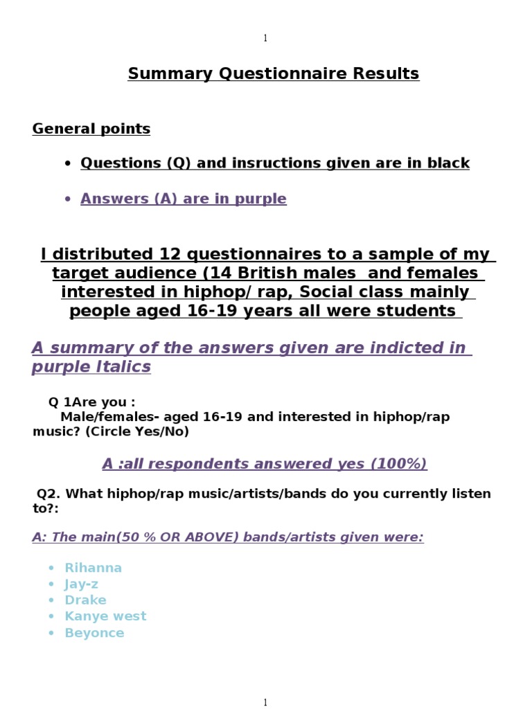 Summary Questionnaire Results: Answers (A) Are in Purple | PDF | Hip ...