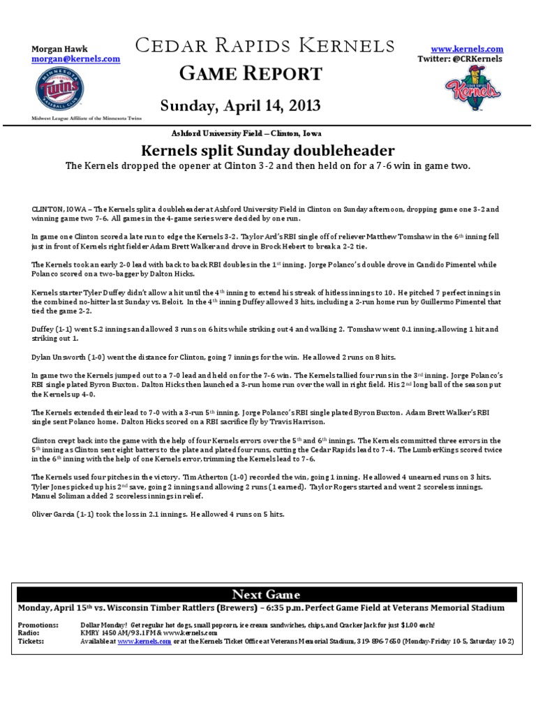 Kernels Game Story (4-14) | PDF | Run (Baseball) | Home Run