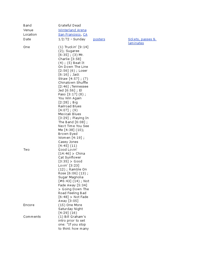 Grateful Dead Concert Setlists 1972 | PDF | Grateful Dead | American ...