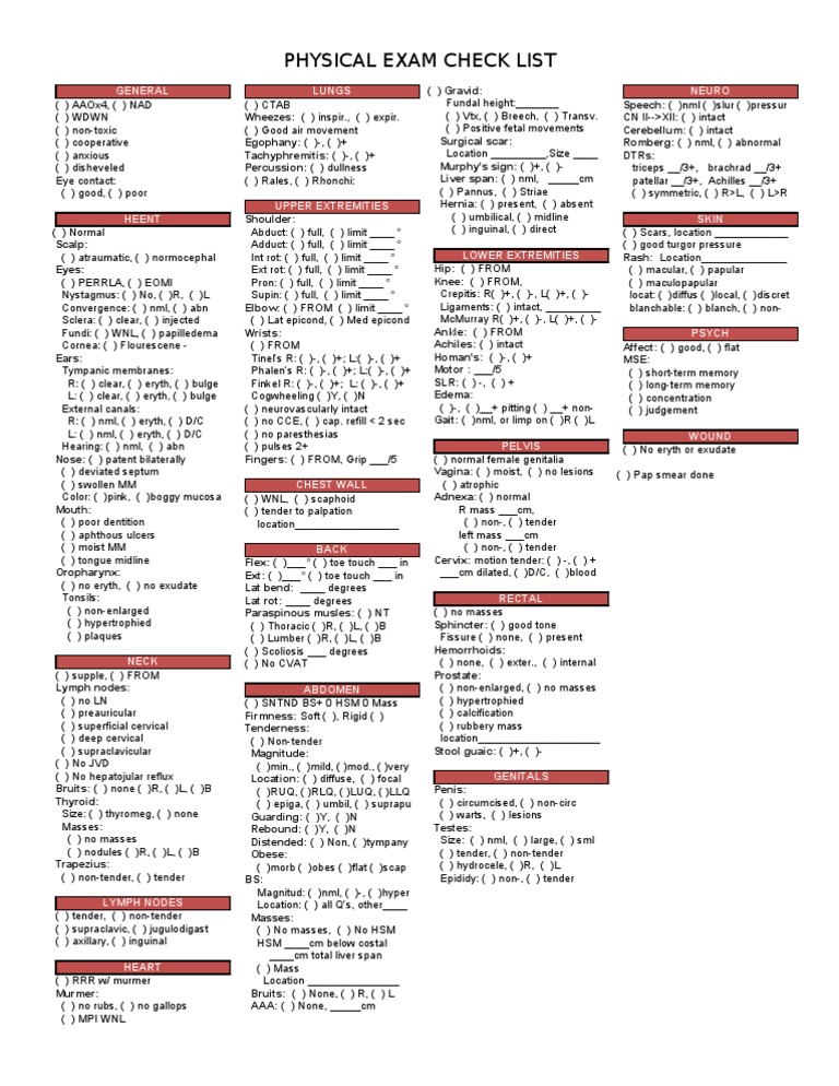 Pediatric Physical Exam Checklist