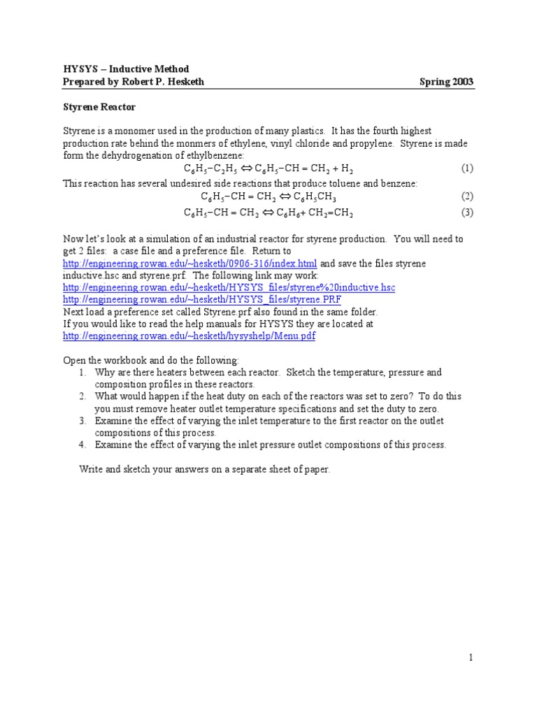 Hysys - Inductive Method - Styrene | PDF | Spreadsheet | Chemistry