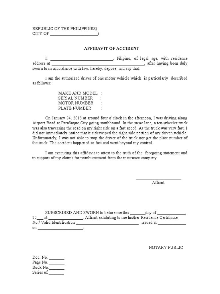 Affidavit of Accident - Template | PDF | Affidavit | Road Transport