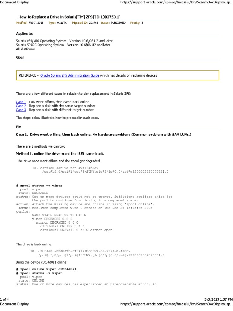 Solaris ZFS Drive Replacement Guide | PDF | File System | Information Technology Management