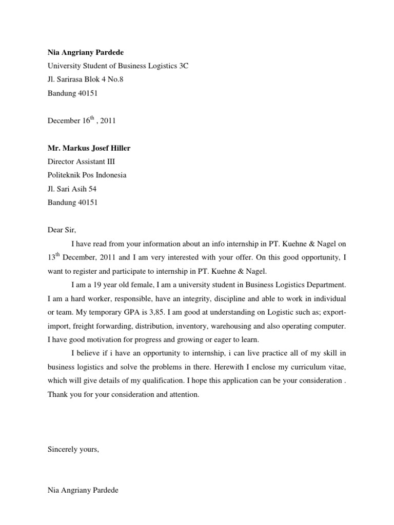 Surat Lamaran Internship Nia Pardede | PDF