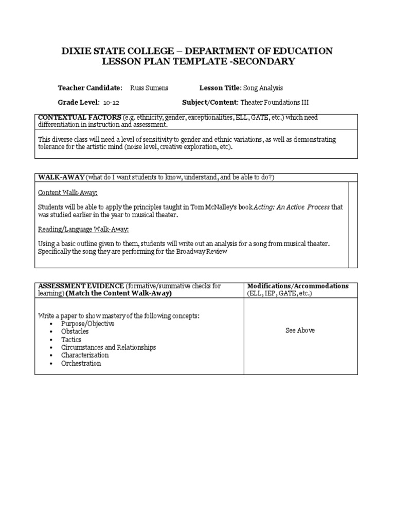 Song Analysis Lesson Plan | PDF | Lesson Plan | Educational Assessment