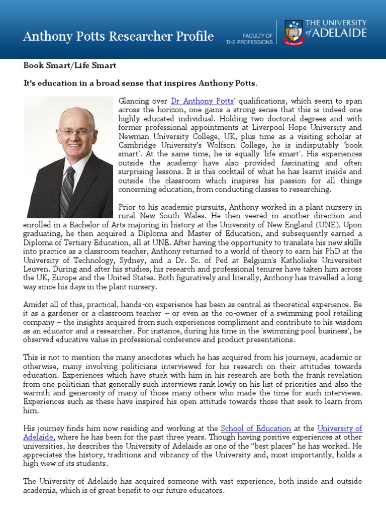 Researcher Profile: DR Anthony Potts, School of Education | PDF ...