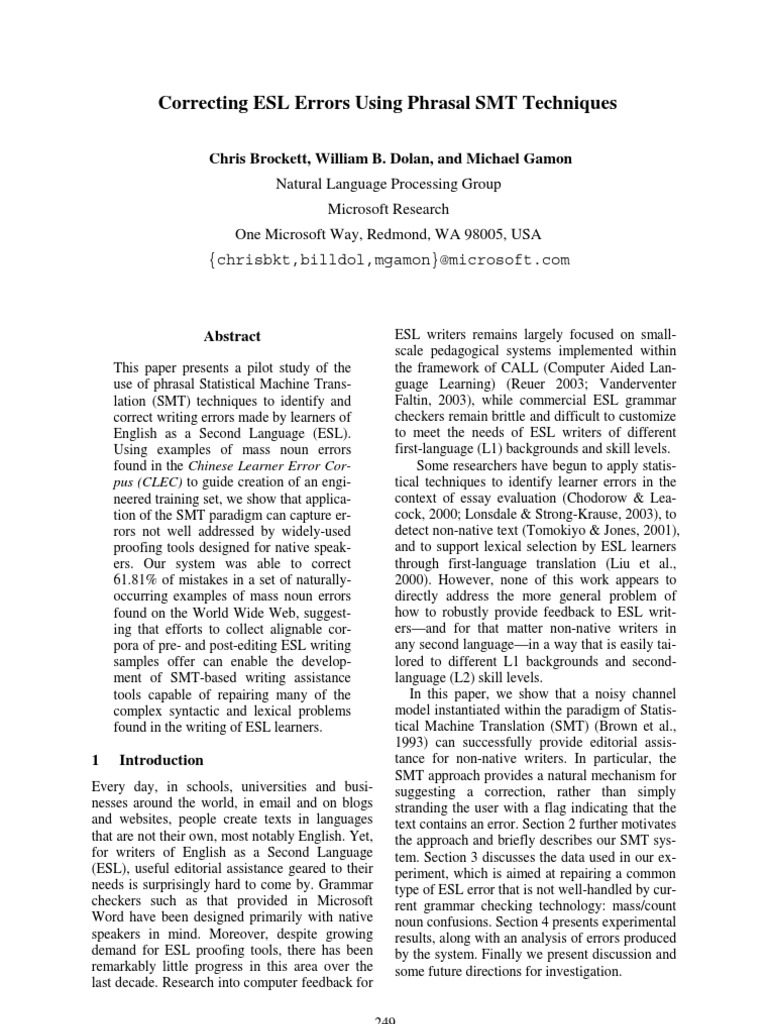 Correcting ESL Errors Using Phrasal SMT Techniques: Chris Brockett, William B. Dolan, and ...