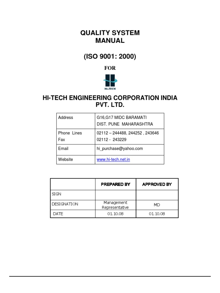 Quality System Manual (ISO 9001: 2000) : Hi-Tech Engineering ...