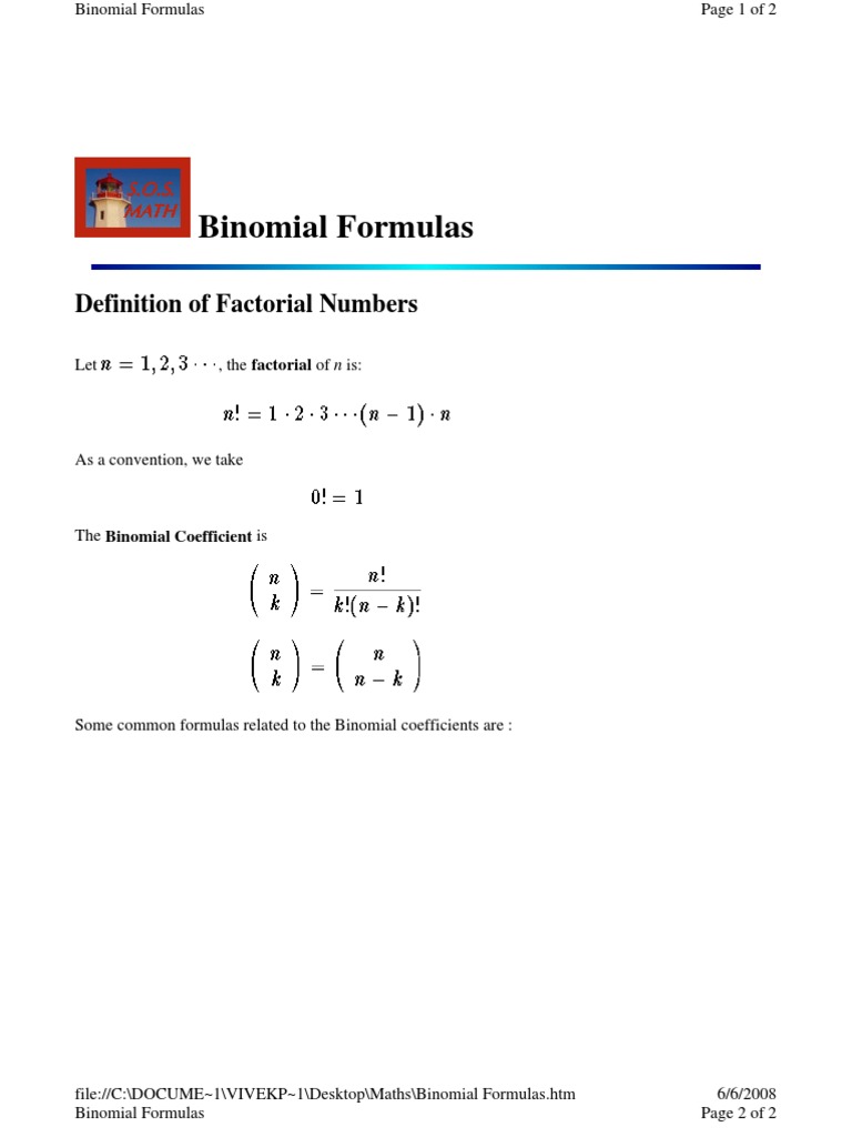 Binomial Formulas: Definition of Factorial Numbers | PDF