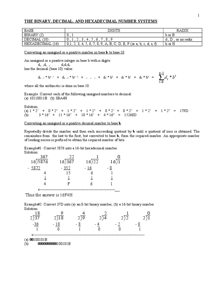 The Binary, Decimal, and Hexadecimal Number Systems | PDF | Subtraction | Ascii