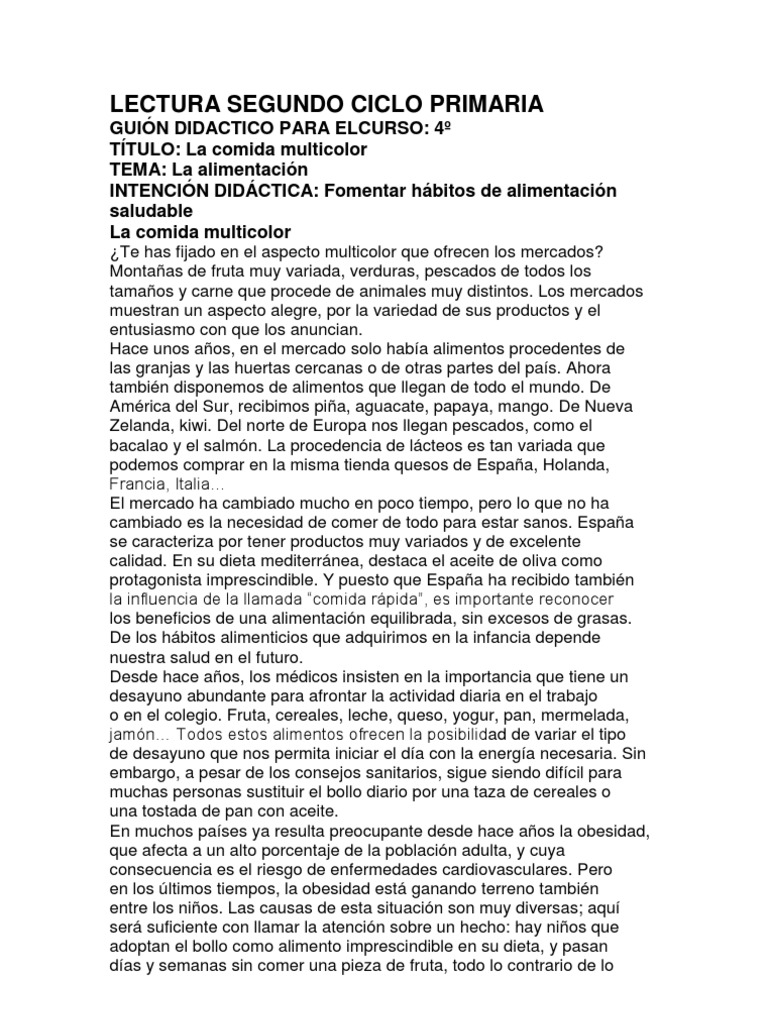 Lectura y preguntas sobre alimentación | PDF | Lectura (proceso ...