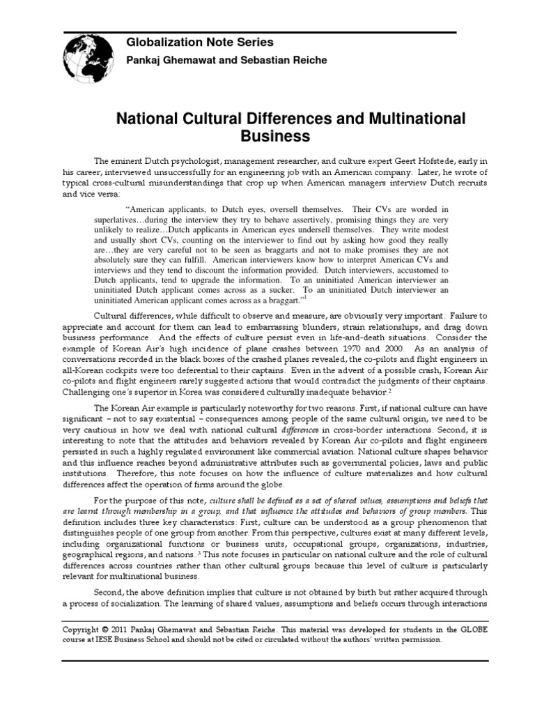 National Cultural Differences and Multinational Business | PDF | Joint ...
