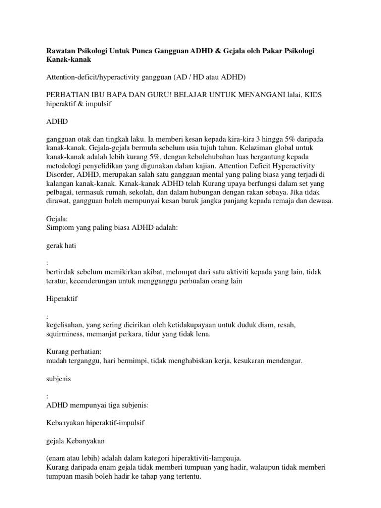 Rawatan Psikologi Untuk Punca Gangguan ADHD | PDF
