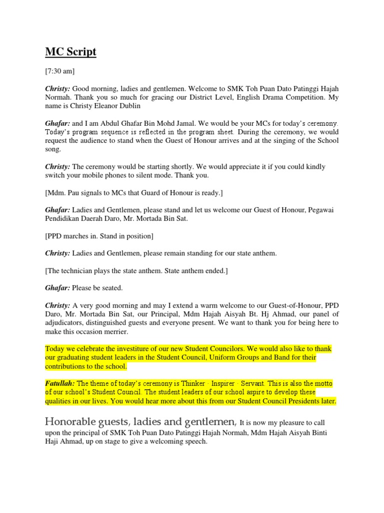 MC Script: Honorable Guests, Ladies and Gentlemen | PDF | Leisure