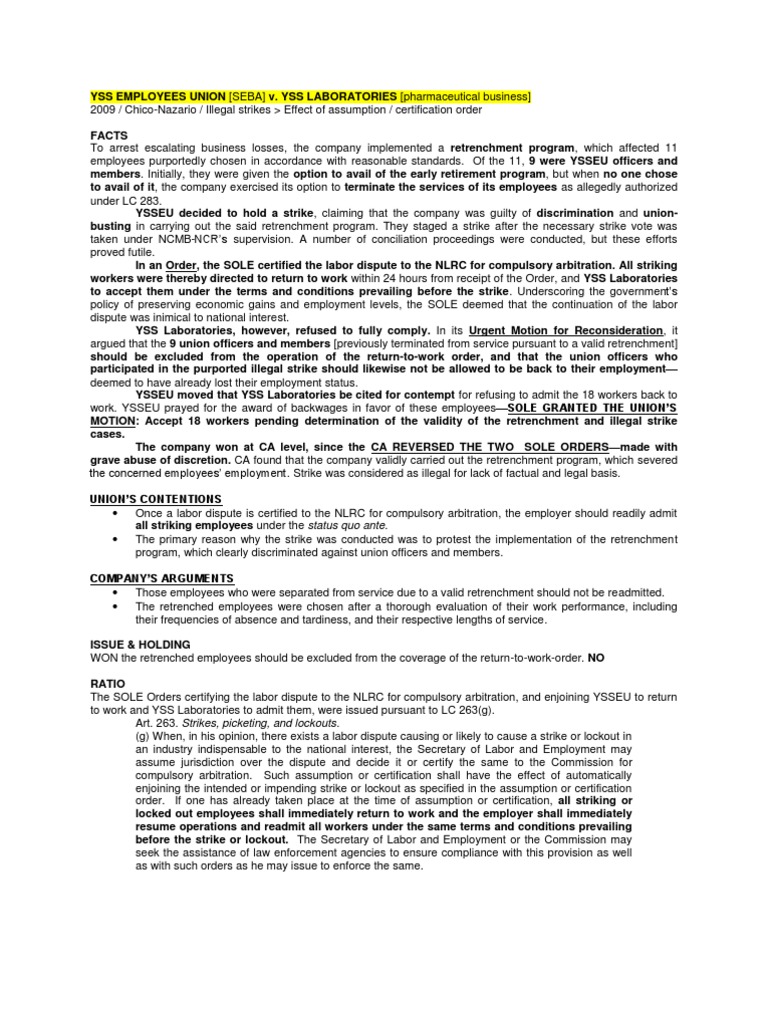 YSS Employees Union v. YSS Laboratories | PDF | Lockout (Industry ...