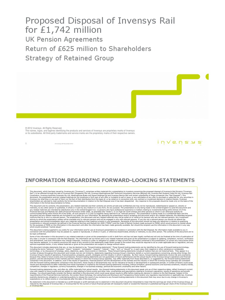 Proposed Disposal of Invensys Rail For 1,742 Million | PDF | Pension | Risk