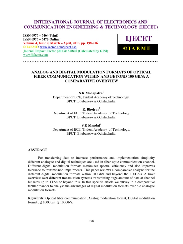 Analog and Digital Modulation Formats of Optical Fiber Communication ...