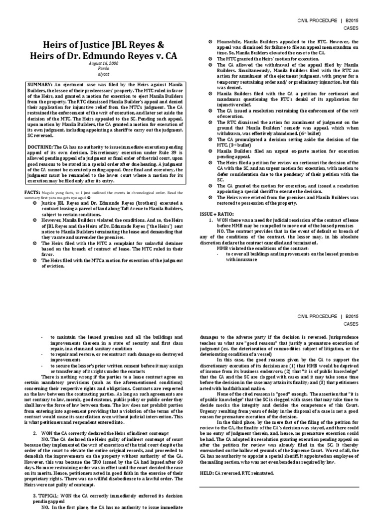 (Civil Procedure) (Apacible) (Heirs of JBL Reyes v. CA) | PDF ...
