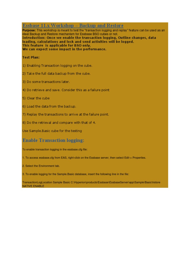 Essbase Workshop Backup And Restor Pdf Database Transaction Databases