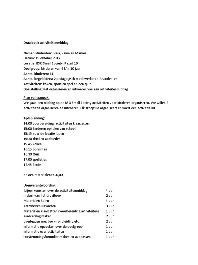 draaiboek activiteitenmiddag