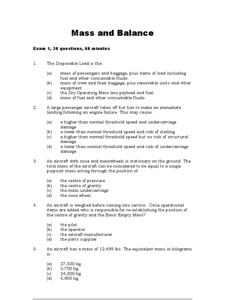 Mass & Balance Exam 1 | Aircraft | Kilogram