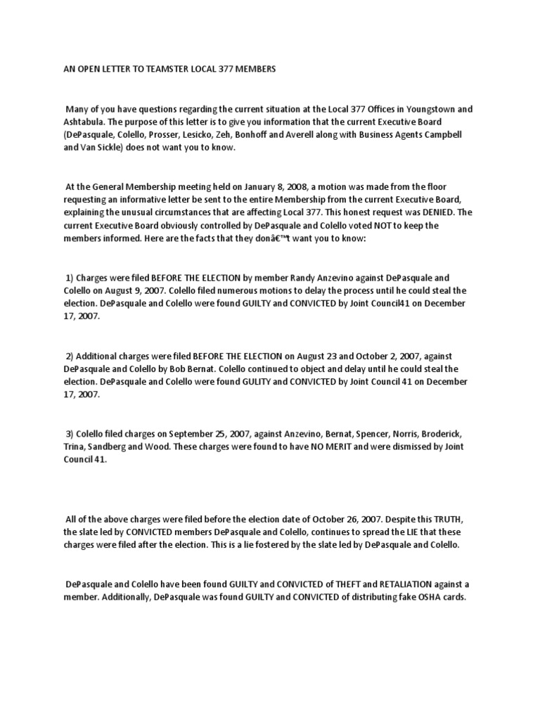 An Open Letter To Teamster Local 377 Members | PDF | International ...