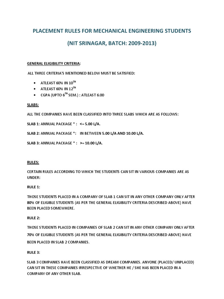 Placement Rules For Mechanical Engineering Students | PDF