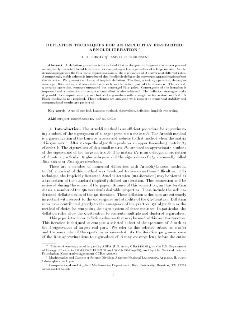 25 Deflation Techniques For An Implicitly Restarted Arnoldi Iteration Pdf Eigenvalues And