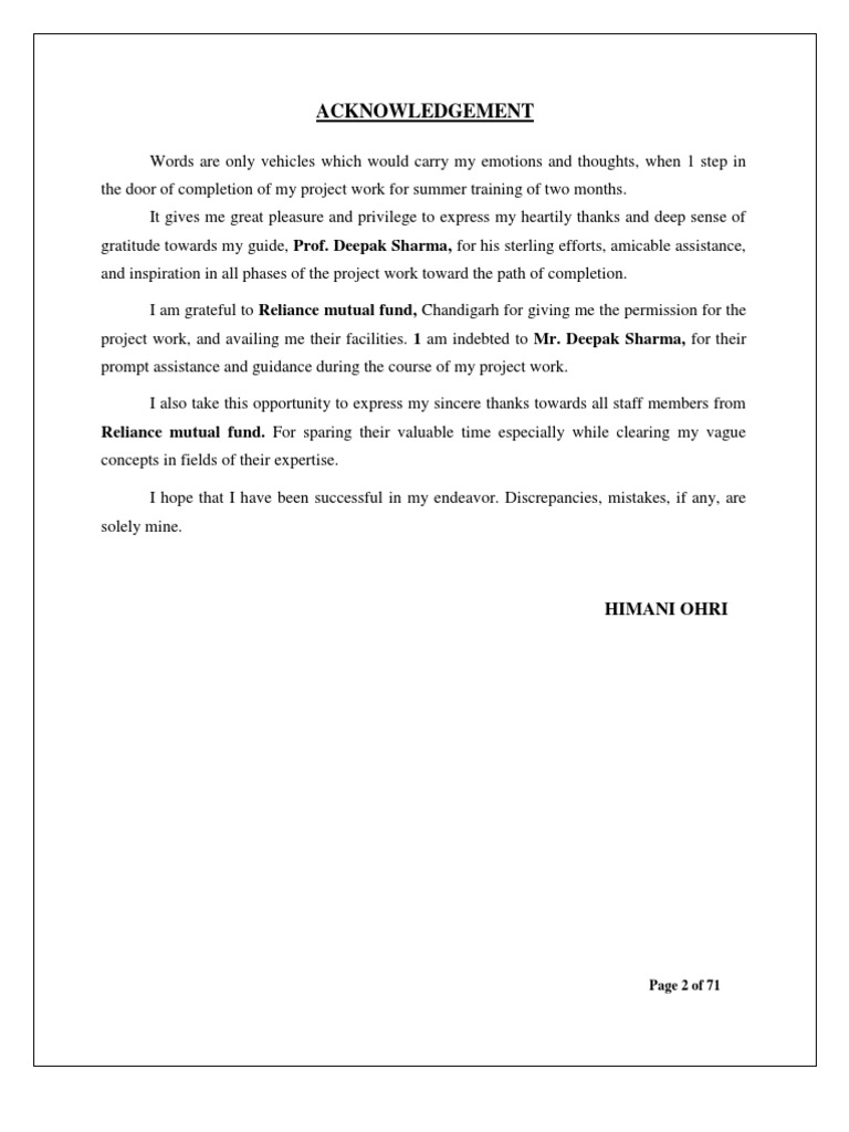 Acknowledgement: Reliance Mutual Fund. For Sparing Their Valuable Time ...