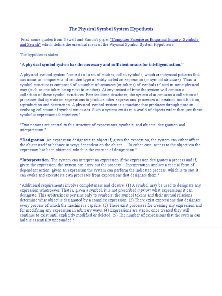 Physical Symbol System Hypothesis | PDF | Symbols | Hypothesis