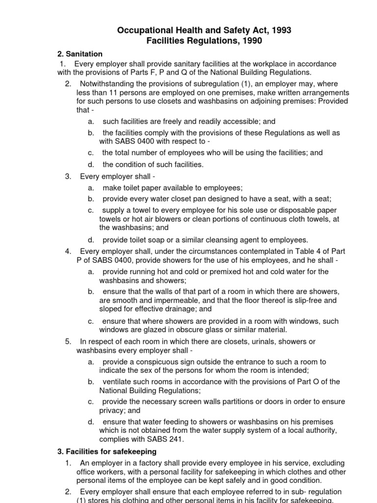 Workplace Facilities Regulations Overview | PDF | Shower | Employment