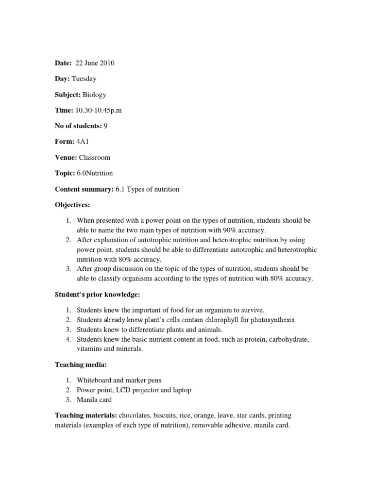 Nutrition Types Lesson Plan for Class 7 | PDF | Nutrition | Diet ...