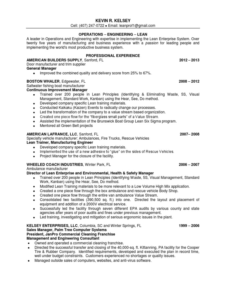 General Manager Lean Manufacturing in Orlando FL Resume Kevin Kelsey ...