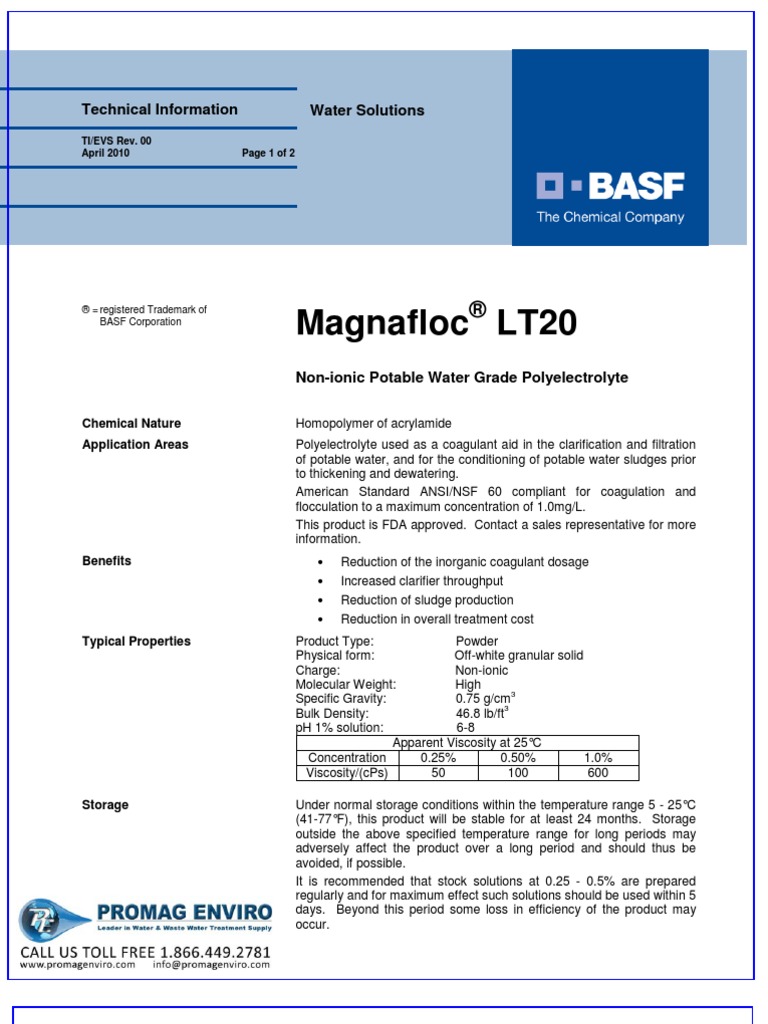 Chemicals Zetag DATA Powder Magnafloc LT 20 - 0410 | PDF | Water ...