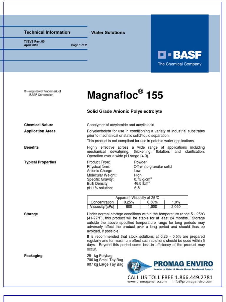 Chemicals Zetag DATA Powder Magnafloc 155 - 0410 | PDF