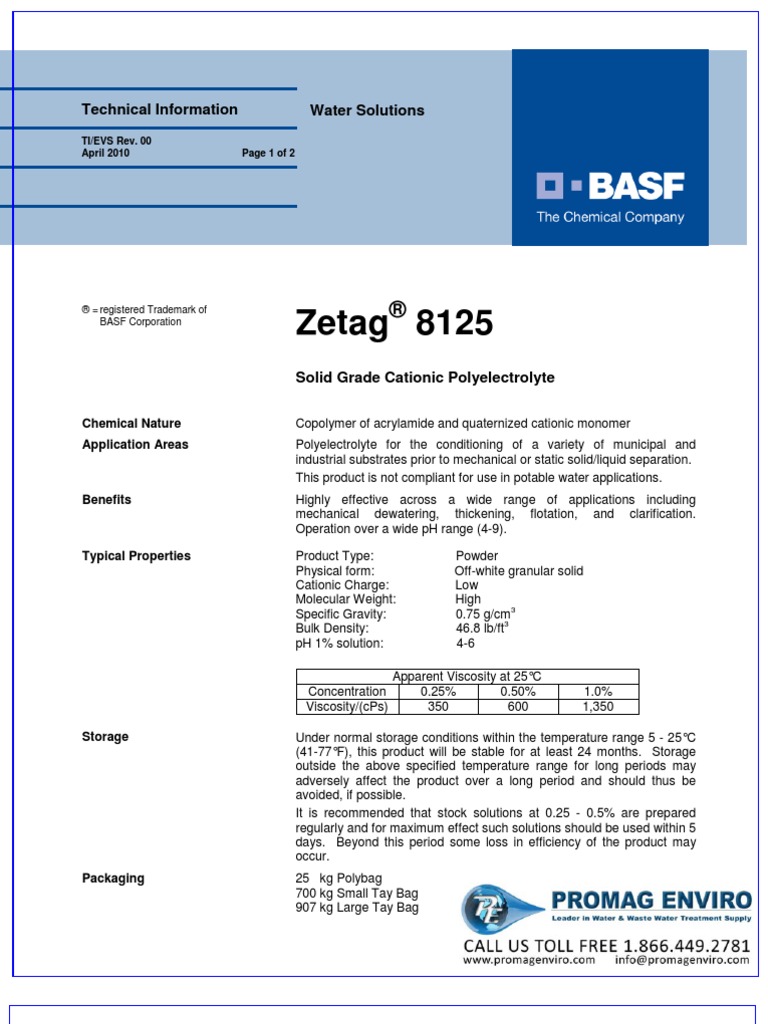 Chemicals Zetag DATA Powder Zetag 8125 - 0410 | PDF | Water | Physical ...