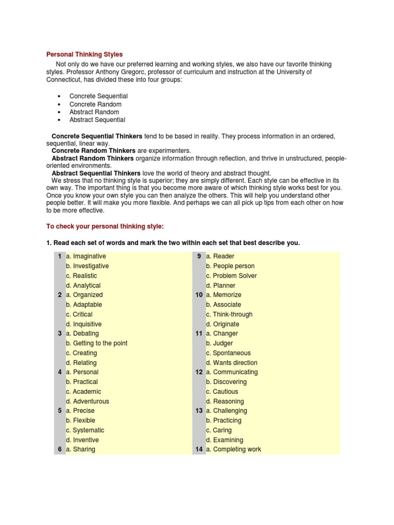 Gregorc Style Delineator | PDF | Intellectual | Abstraction