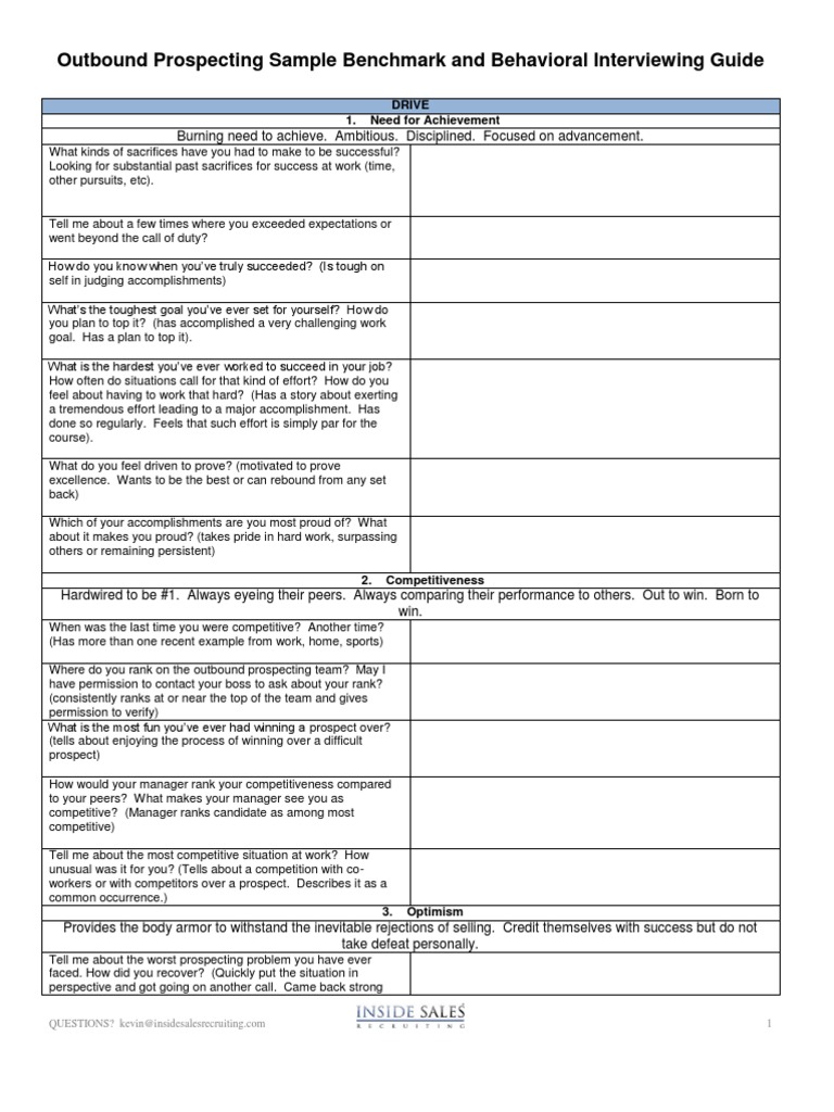 Outbound Prospecting Sample Benchmark and Behavioral Interviewing Guide ...