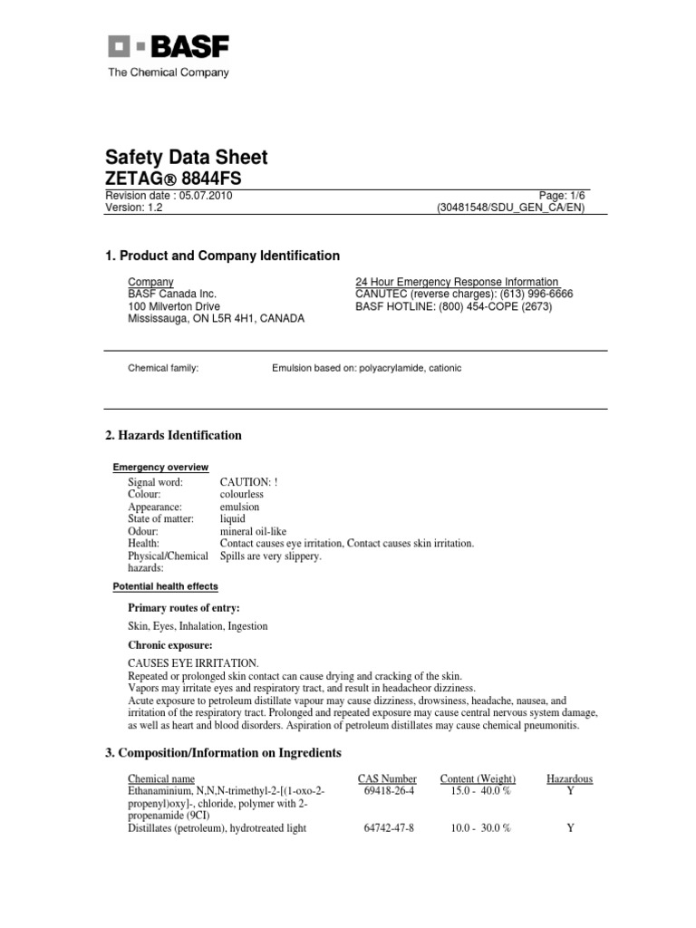 Chemicals Zetag MSDS Inverse Emulsion Zetag 8844 FS - 0710 | PDF ...