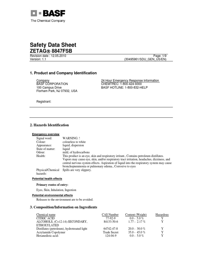 Chemicals Zetag MSDS Inverse Emulsion Zetag 8847 FSB - 0510 | PDF ...