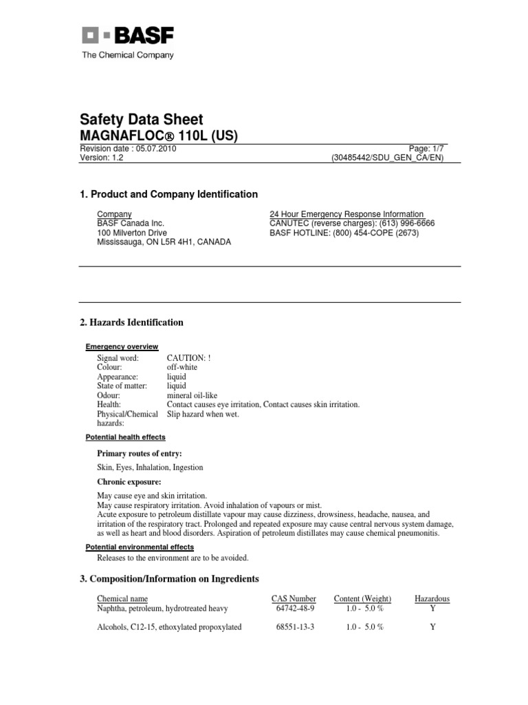 Chemicals Zetag MSDS LDP Magnafloc 110 L - 0710 | PDF | Toxicity ...