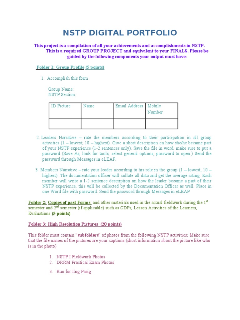NSTP Digital Portfolio: Folder 1: Group Profile (5 Points) | PDF ...